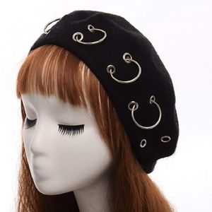 Accessories | Wool Punk Metal Rings Detail Beret Black Hat | Poshmark